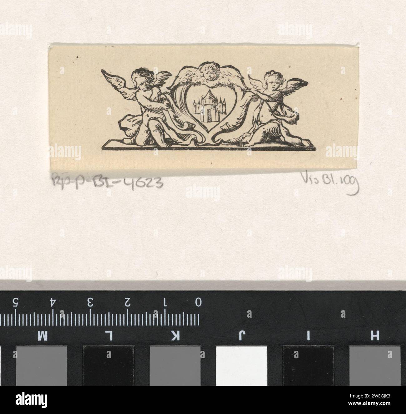 Vignette with a heart shape and a castle, two putti and a cherub, Dirck ...