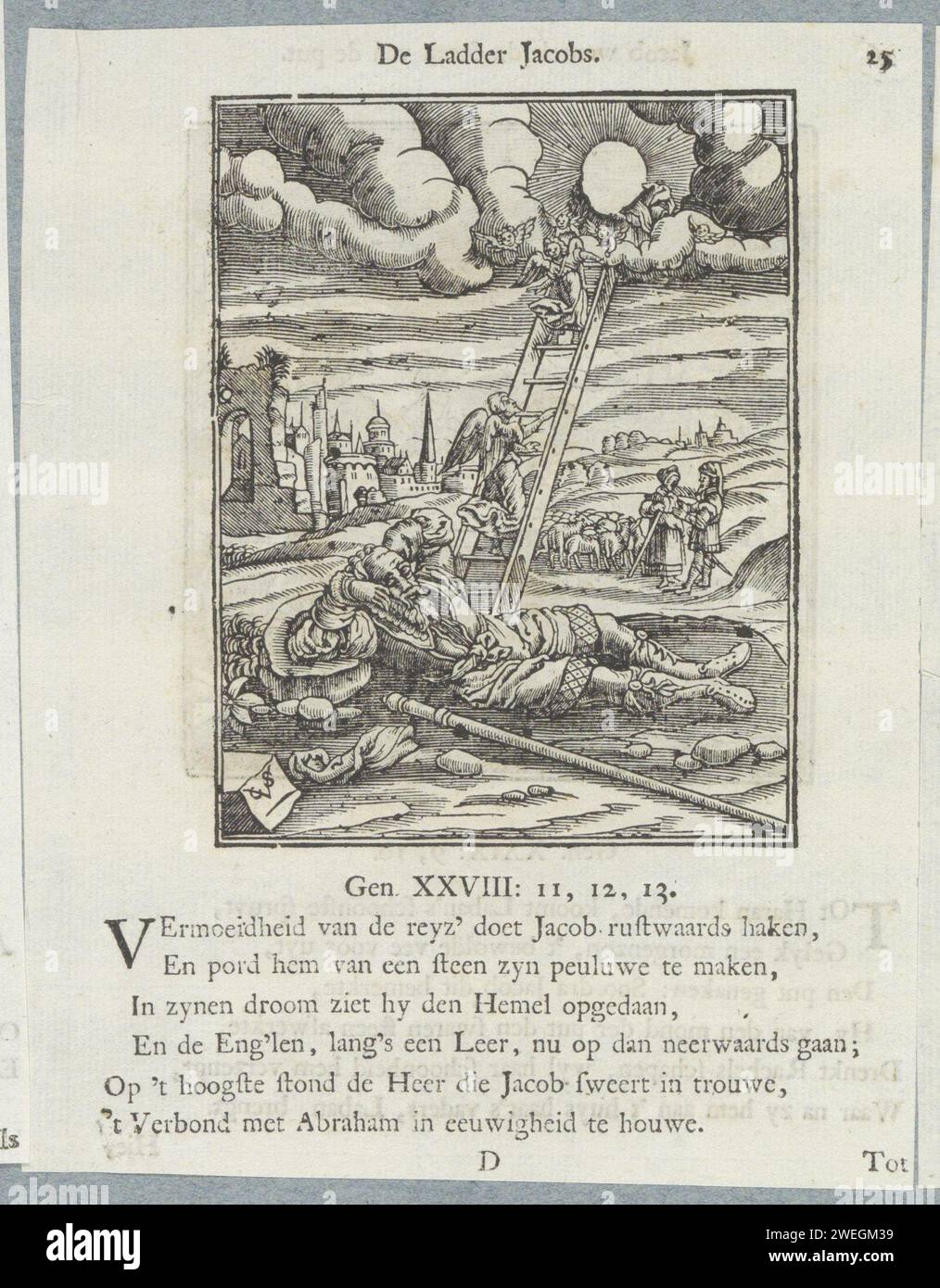 Jakobs Ladder, 1740 print Jakob is sleeping against a stone and dreams ...