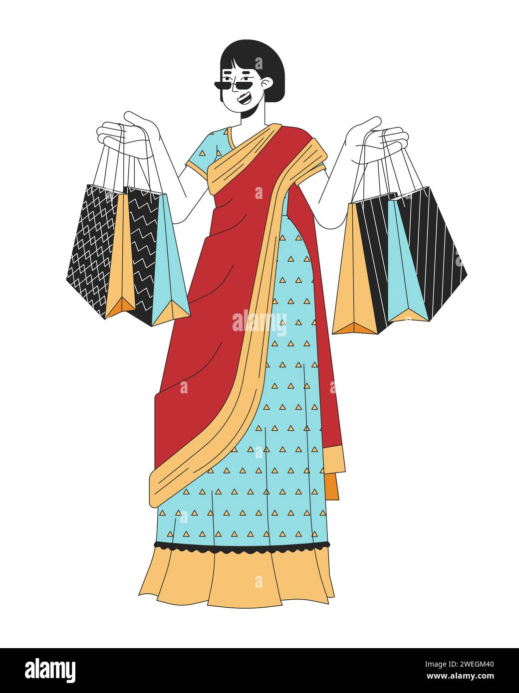 Saree korean woman holding bags for Diwali celebration 2D linear ...