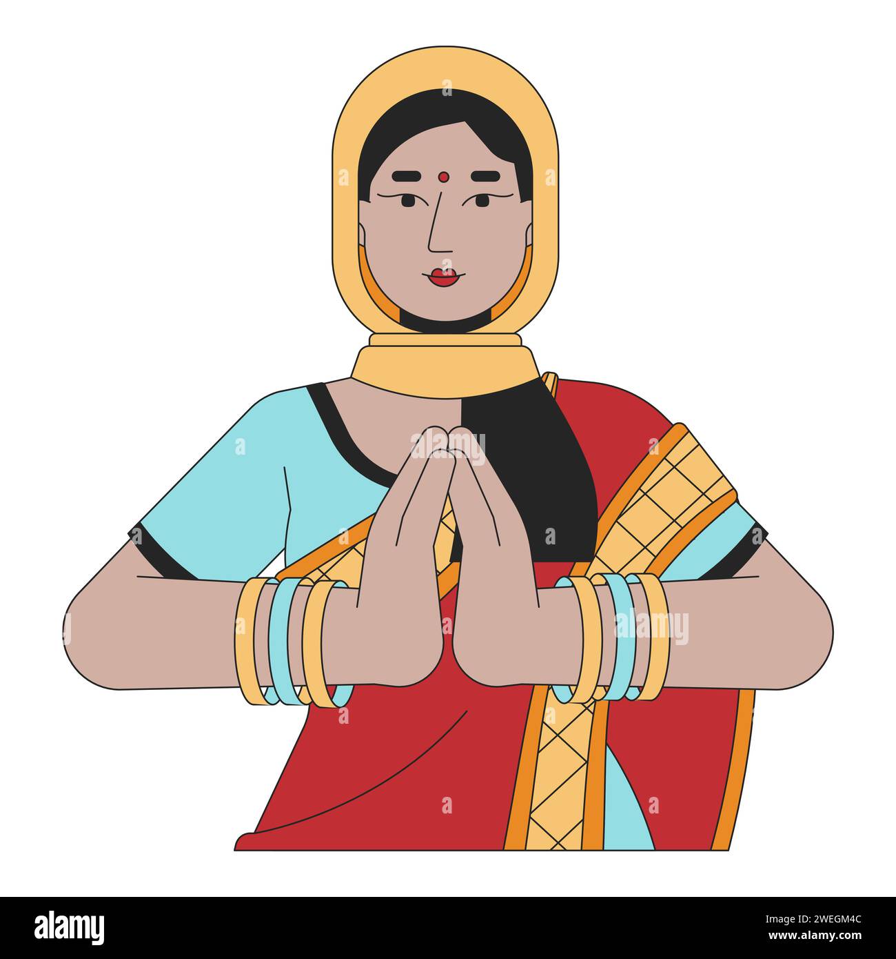 Traditional indian woman namaste 2D linear cartoon character Stock ... Traditional indian woman namaste 2D linear cartoon character Stock ...