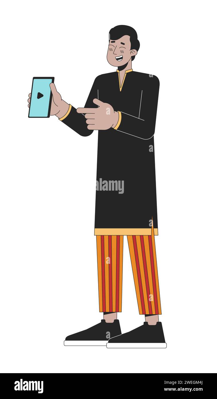 Excited giggling indian man pointing on cellphone 2D linear cartoon ...