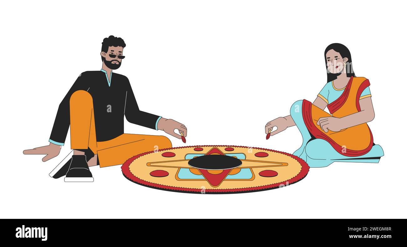 Indian couple creating kolam 2D linear cartoon characters Stock Vector ...