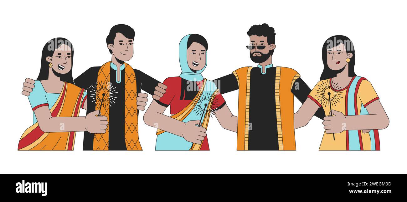 Group of friends Diwali happy 2D linear cartoon characters Stock Vector ...