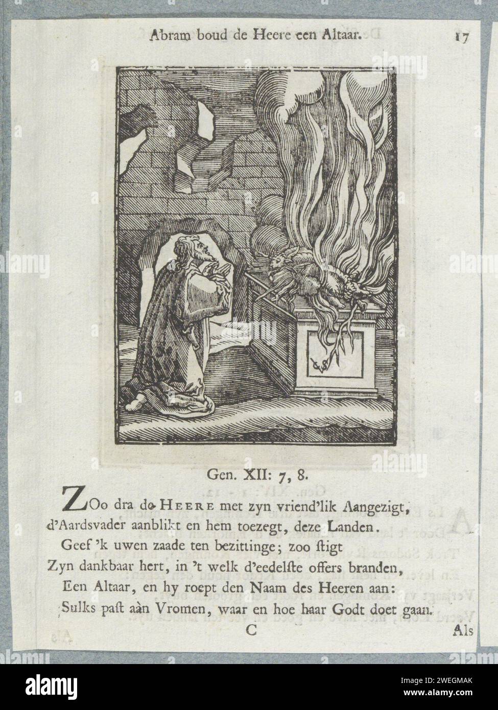 Abraham builds an altar, 1740 print Arriving in Canaan, God promised ...