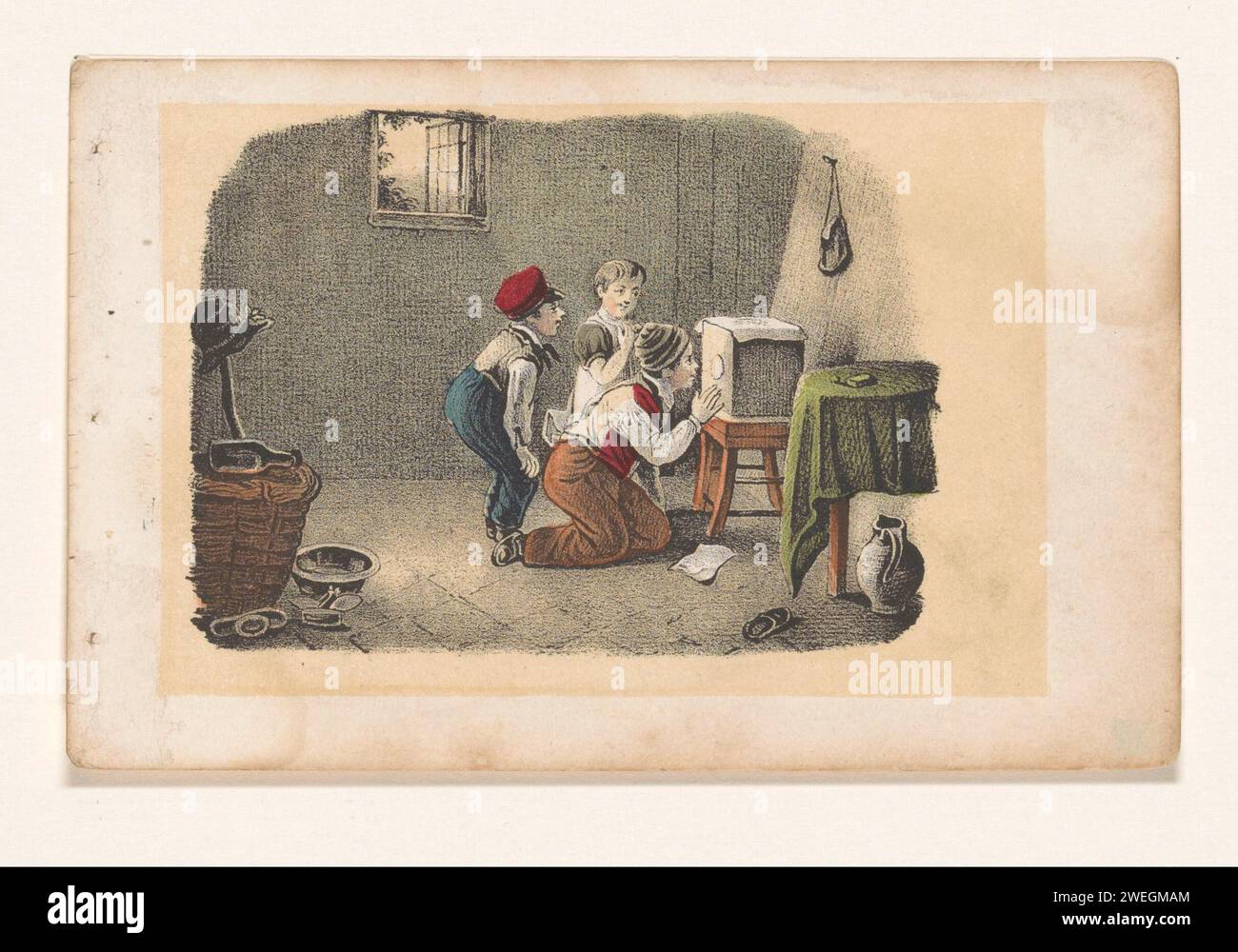 Interior with three children around a viewing box, c. 1809 - c. 1899 ...
