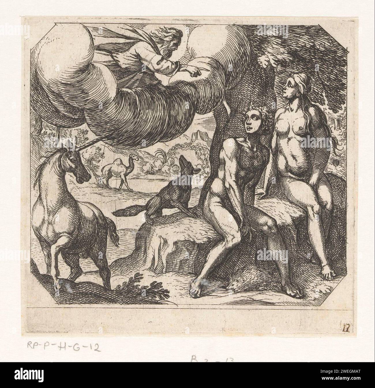 God blames Adam and Eva their disobedience, Antonio Tempesta, After Rafaël, After Nicolaes de ...