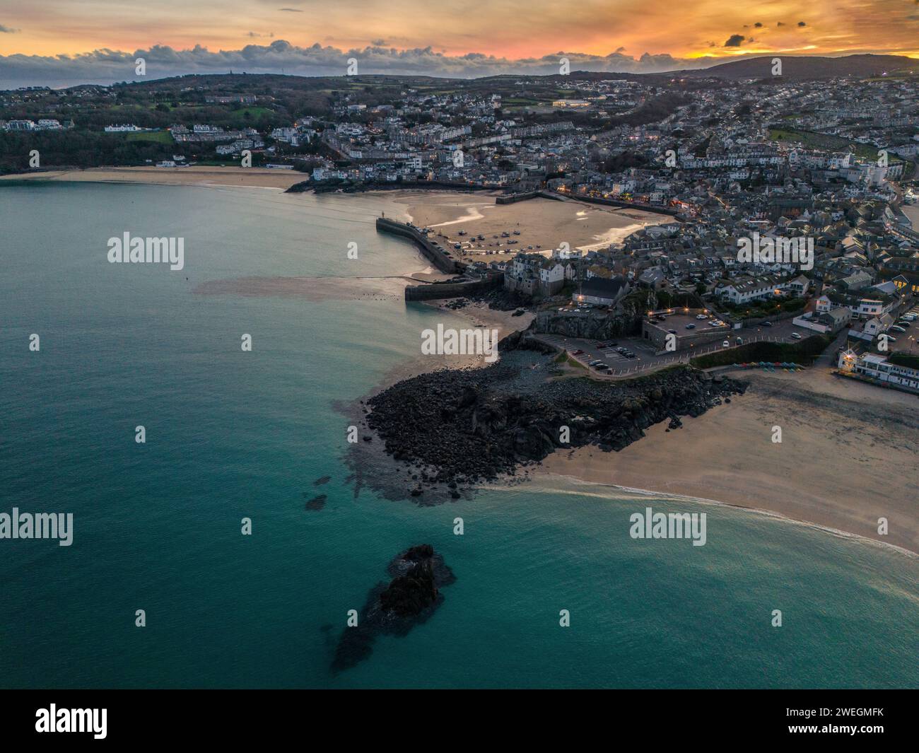 An aerial view of St Ives, Cornwall against the sea at sunset Stock ...
