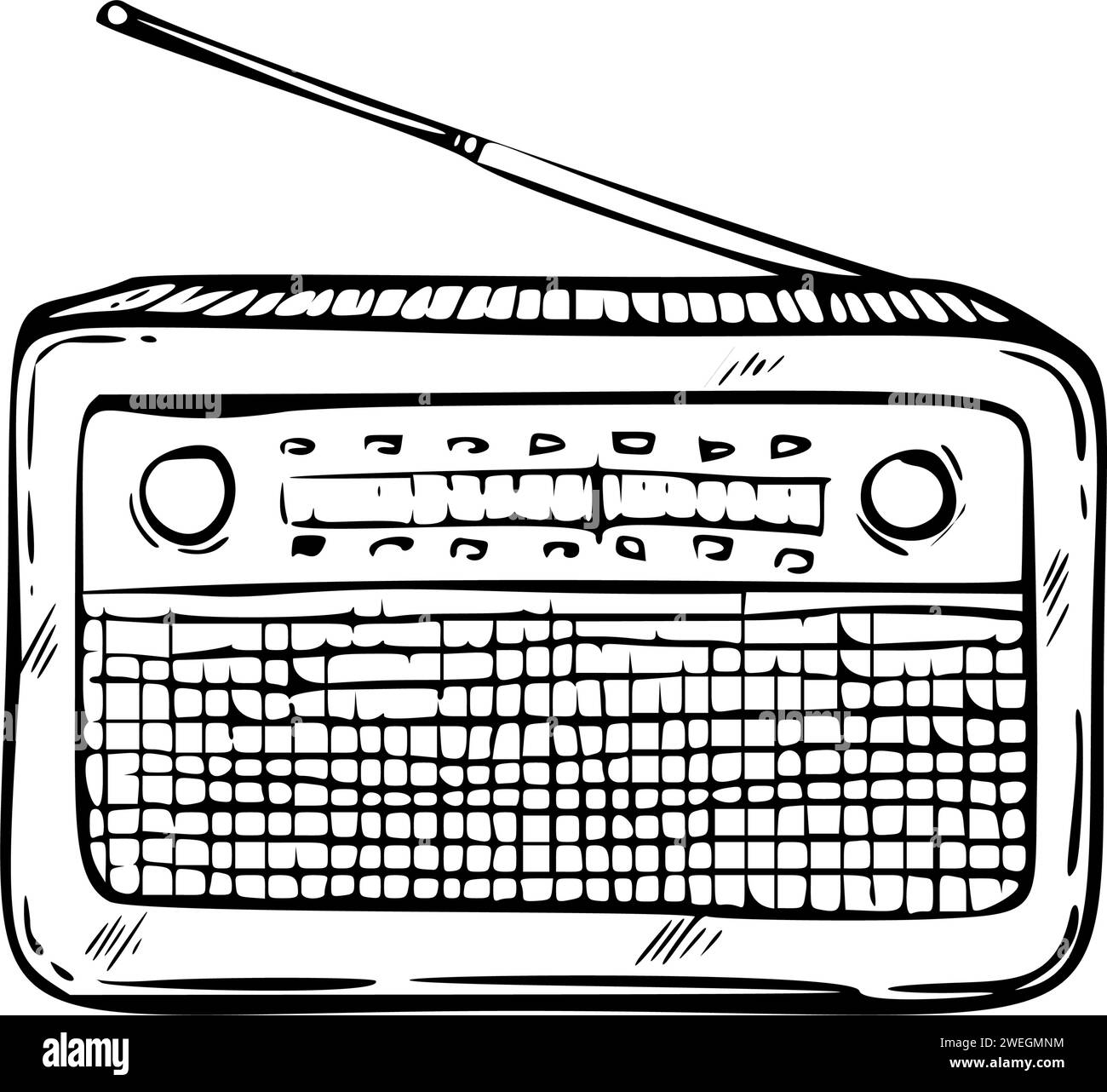 Radio vector illustration. Hand drawn linear drawing of FM tuner painted by black inks. Sketch ...