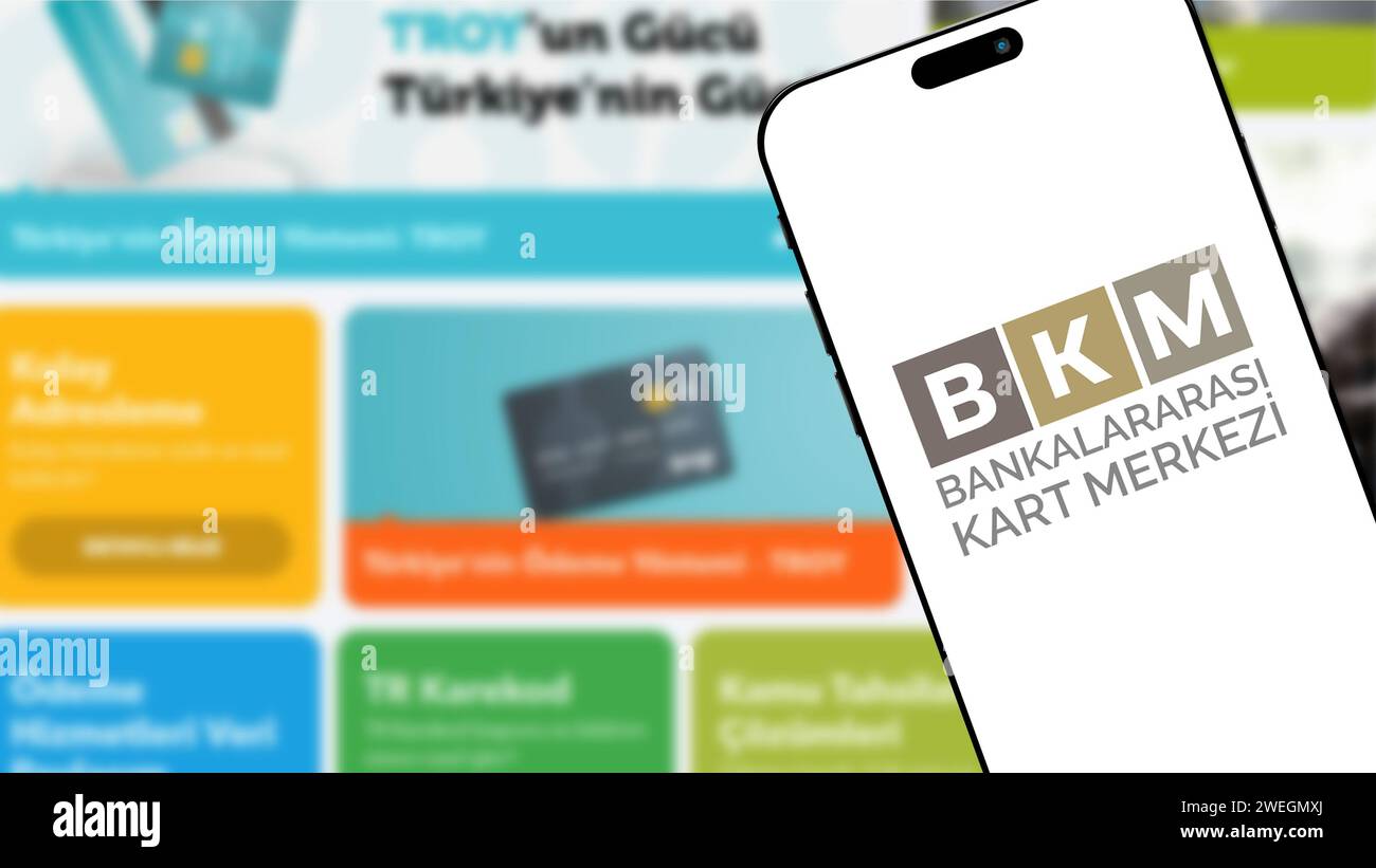 Istanbul, Turkey - 25 January 2024: Bankalararasi Kart Merkezi brand logo on smartphone screen ...