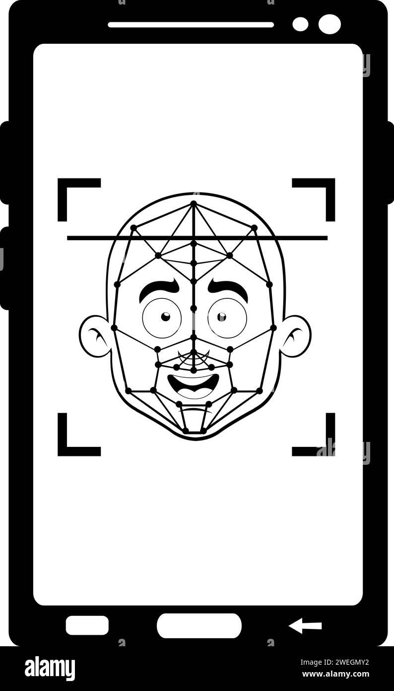 vector drawing illustration smartphone device scanning bald man head ...