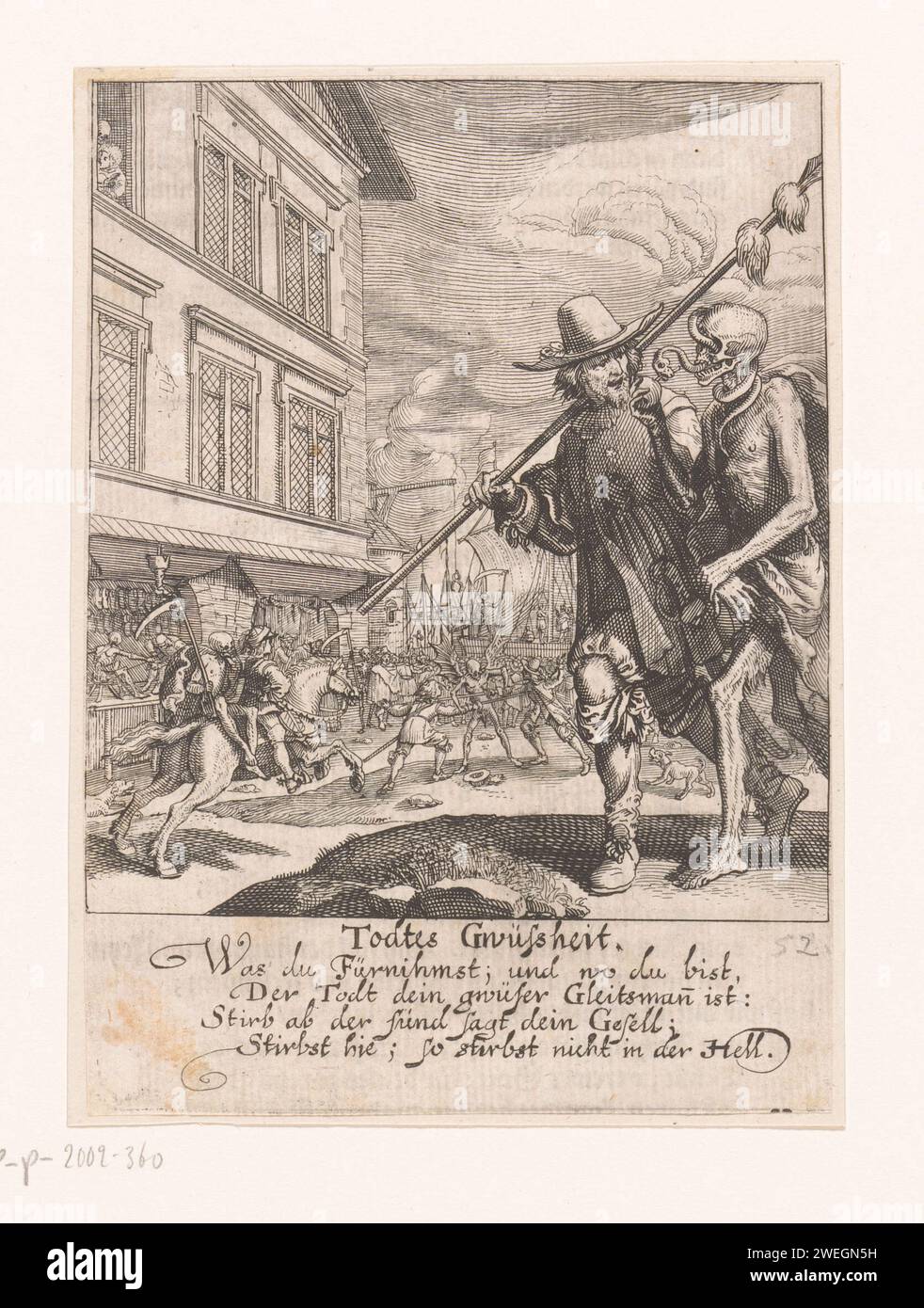 Koopman and Death, Rudolph Meyer, 1650 print Man walking on quay ...