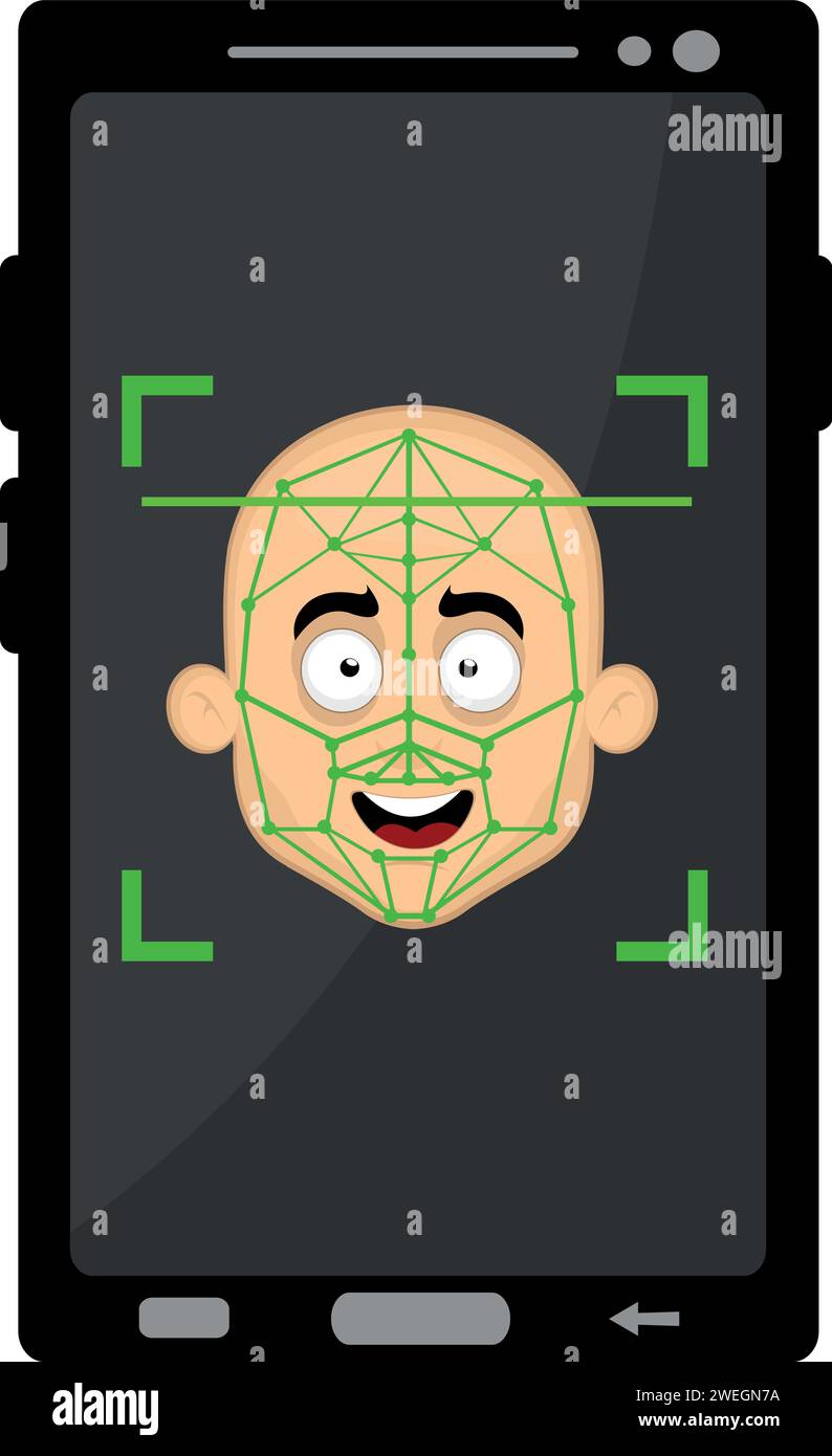 Vector Illustration Smartphone Device Scanning Bald Man Head Facial Recognition Concept Stock