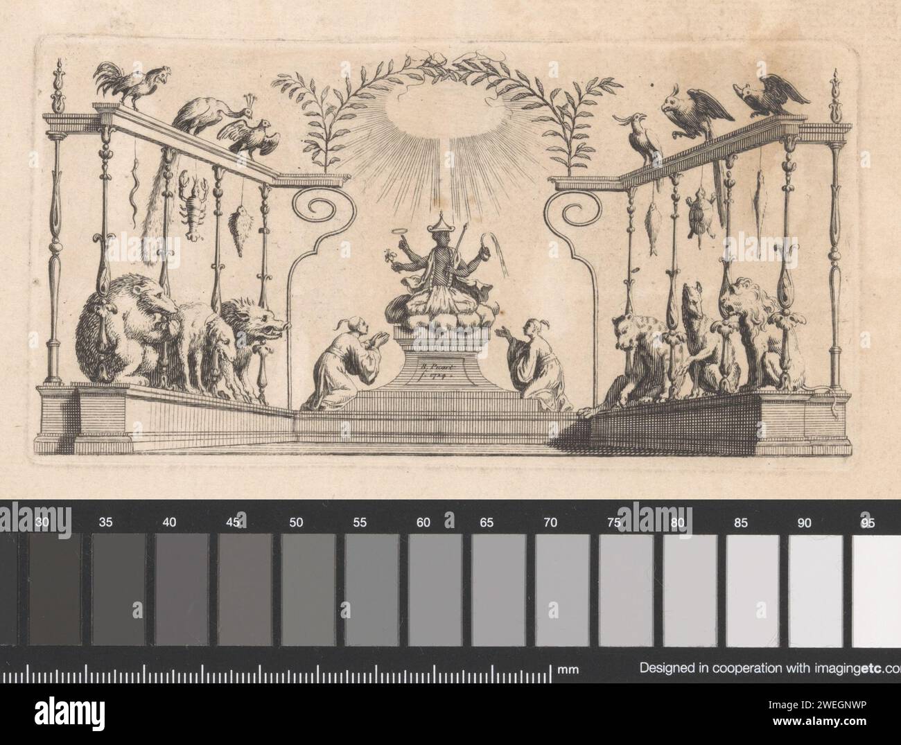 Vignette with two men who worship an image, Bernard Picart, 1724 print ...