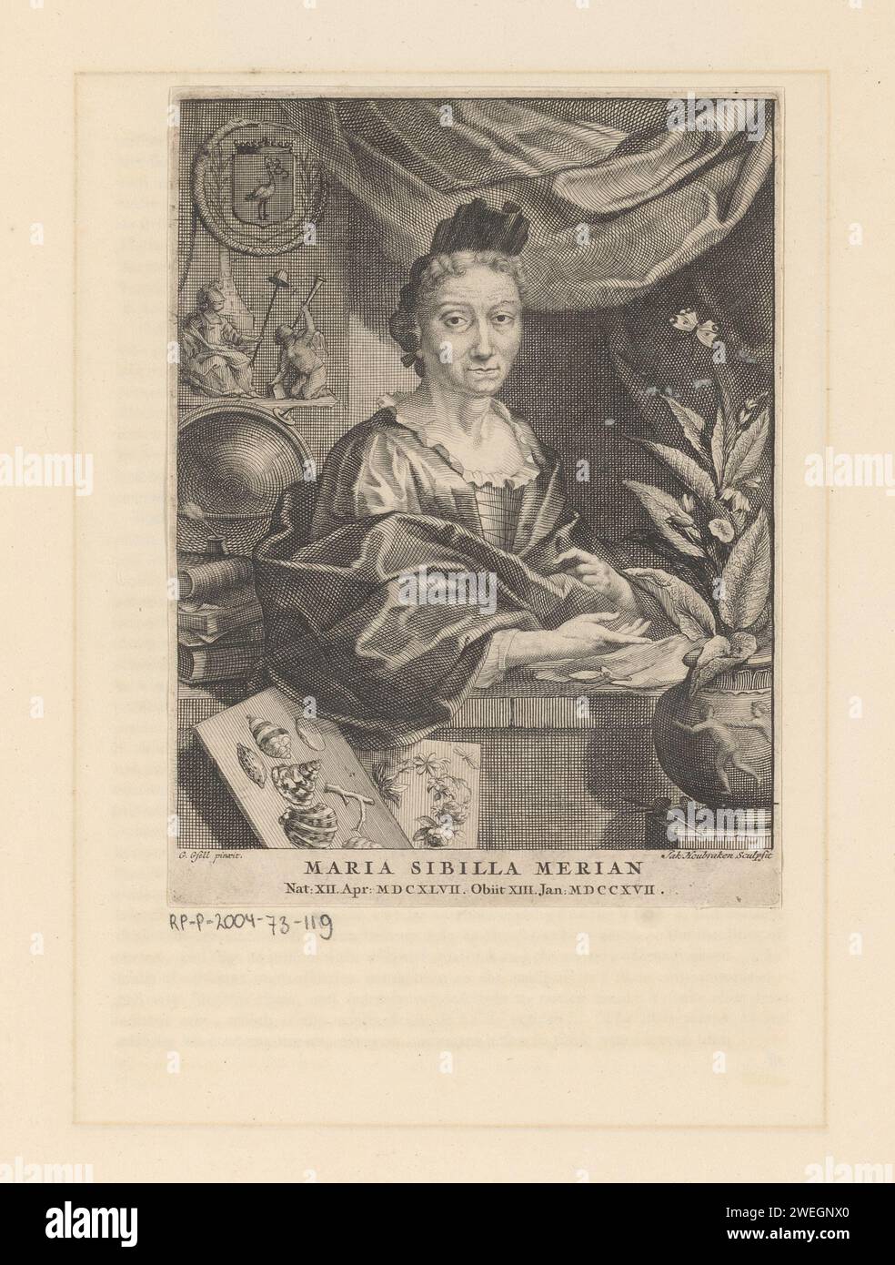 Portret van Maria Sibylla Merian, 1708 - 1780 print Behind Maria ...