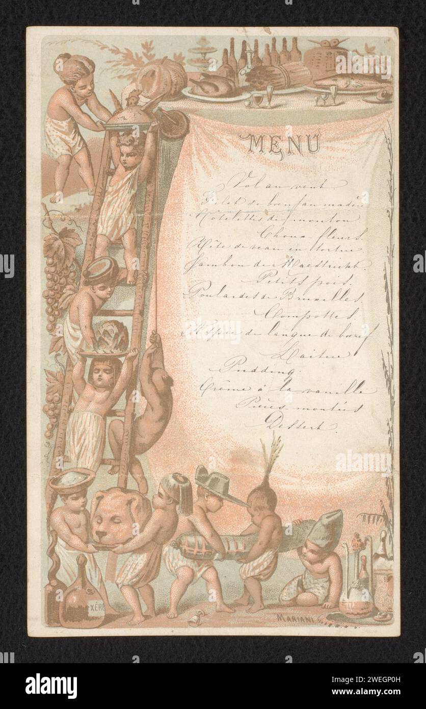 Menu with children's figures that fill a table with dishes, anonymous ...