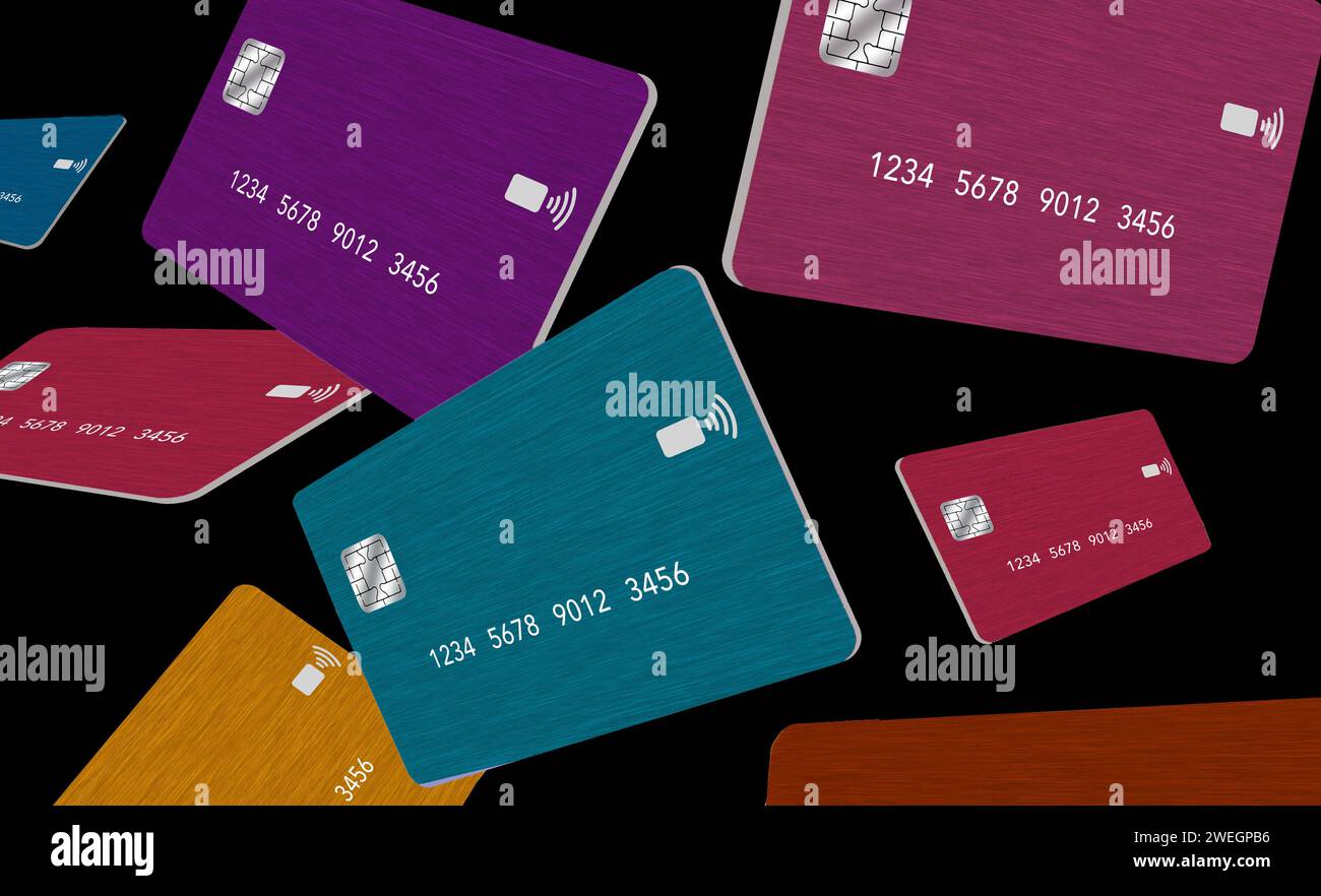 Credit cards or debit cards, 12 of them, are seen floating on a white ...