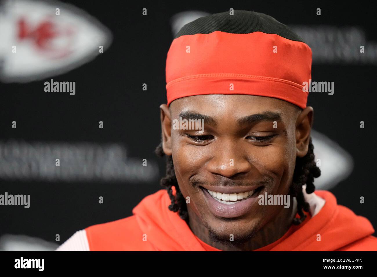 Kansas City Chiefs wide receiver Rashee Rice speaks to the media before the NFL football team's ...