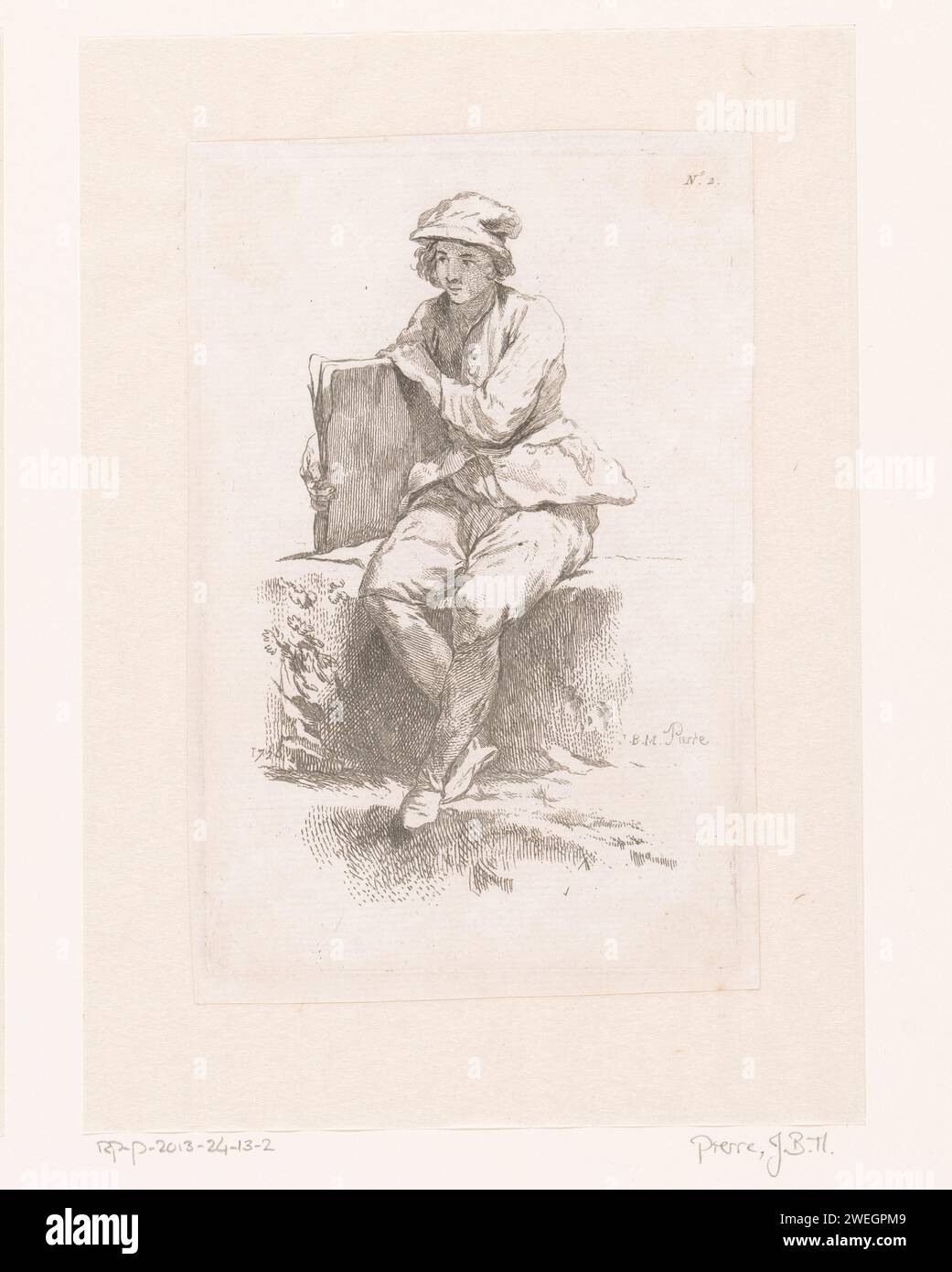 Sitting young man with folder under his arm, 1756 print paper etching ...