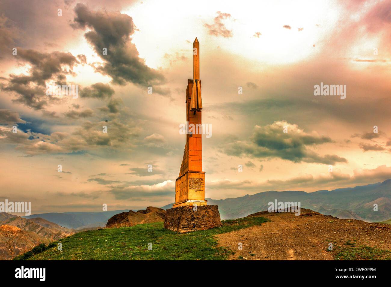 Monument to comonauts Musa Manarov and Vladimir Titov in the village of ...