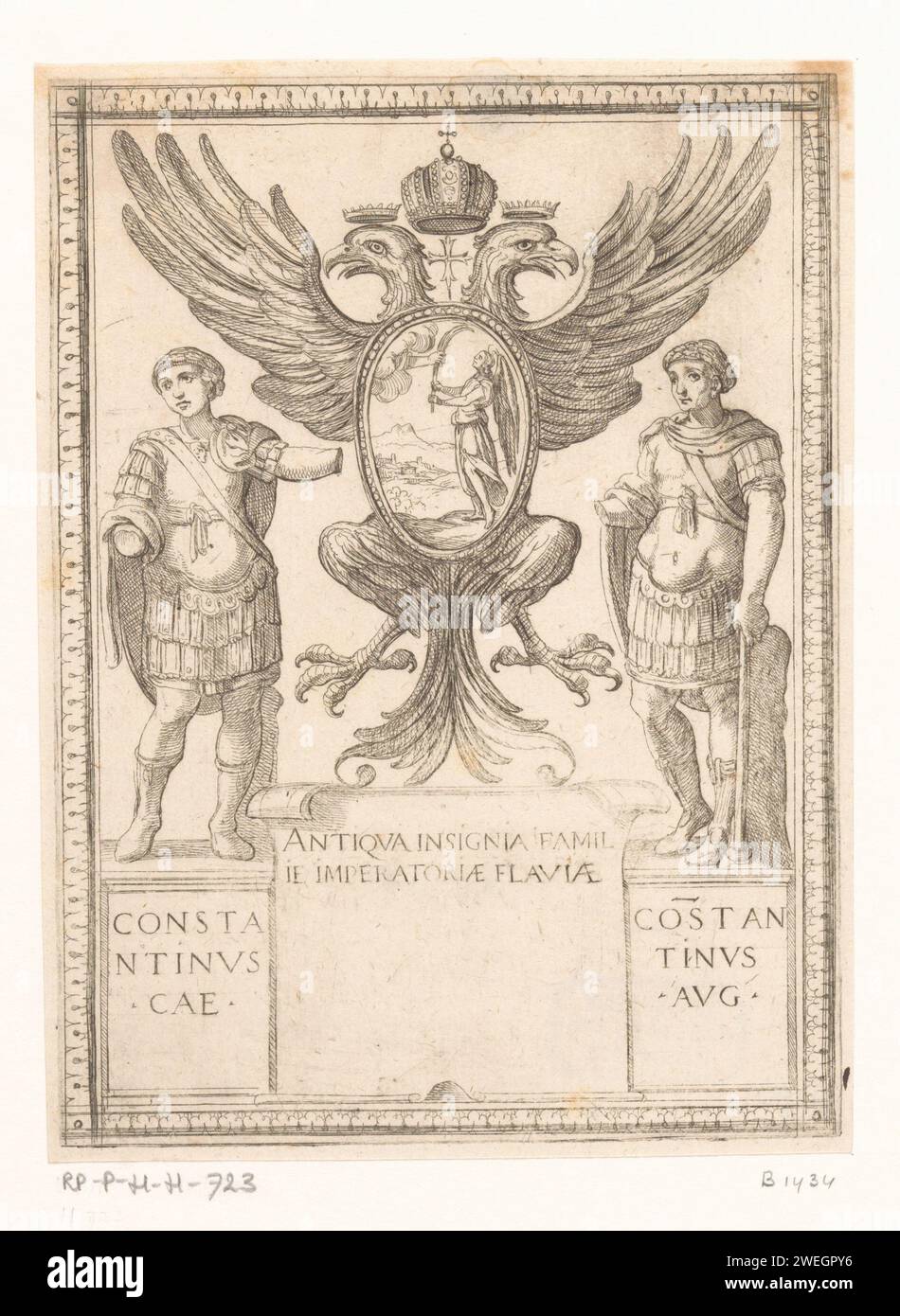 Two images of Constantijn next to the family crest of the Flavians ...