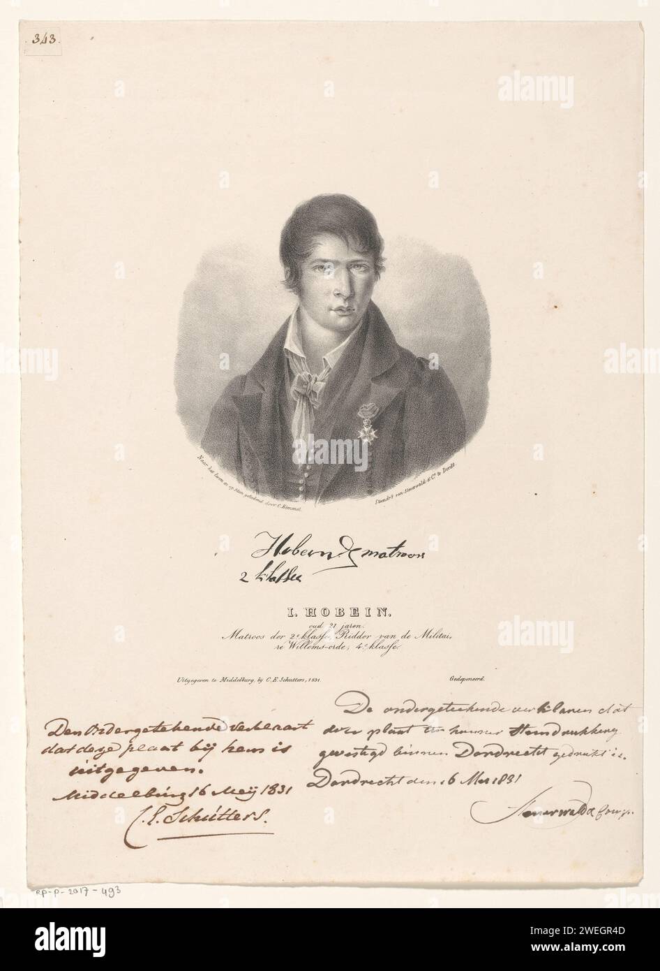 Portrait of Jacob Hobein at the age of 21, Cornelis Kimmel, 1831 print ...