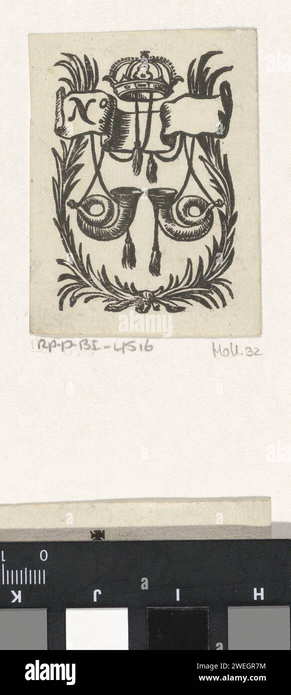 Trade label with two horns in a laurel wreath with a crown, Isaac ...