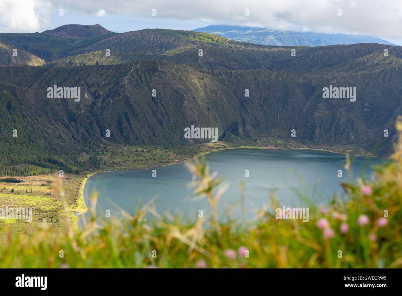 Landscape view of the lake of Lagoa do Fogo "Fire Lake" in the crater ...