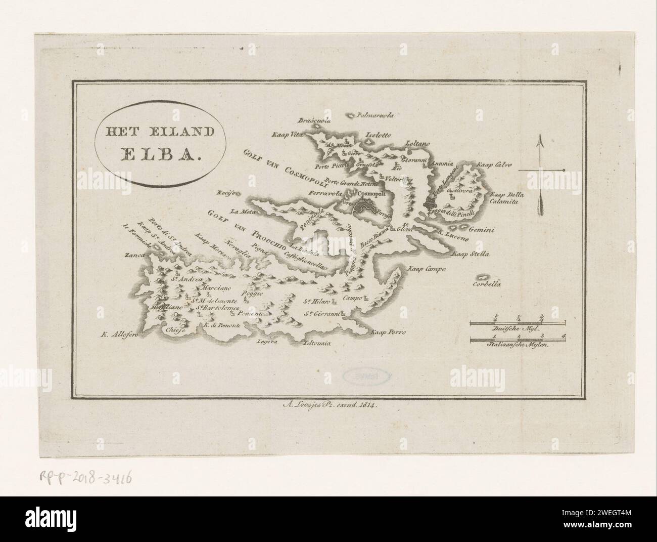 Map of the island of Elba, Anonymous, Adriaan Pietersz. Loosjes, 1814 ...