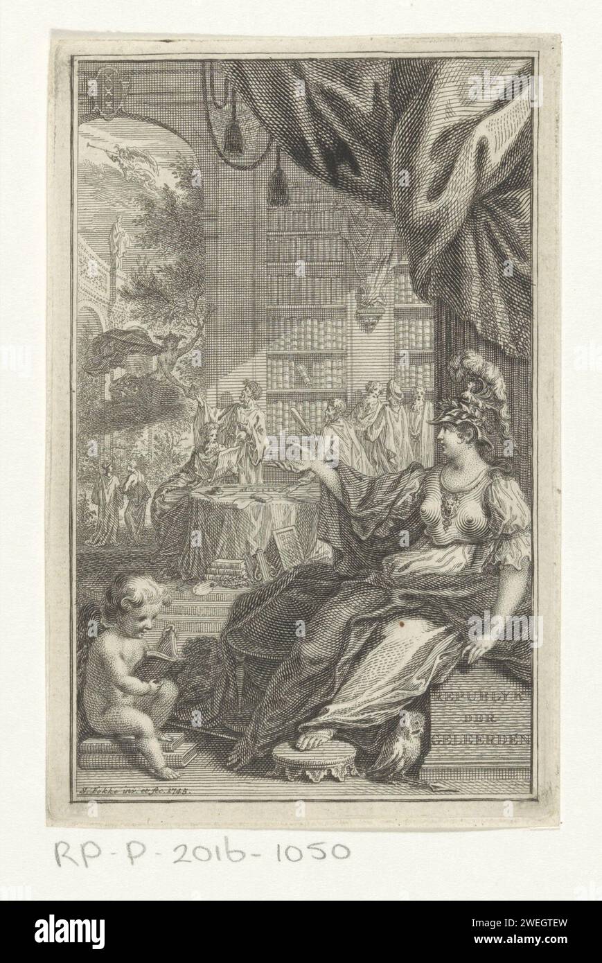 Minerva points to scholars in library, Simon Fokke, 1745 print The ...