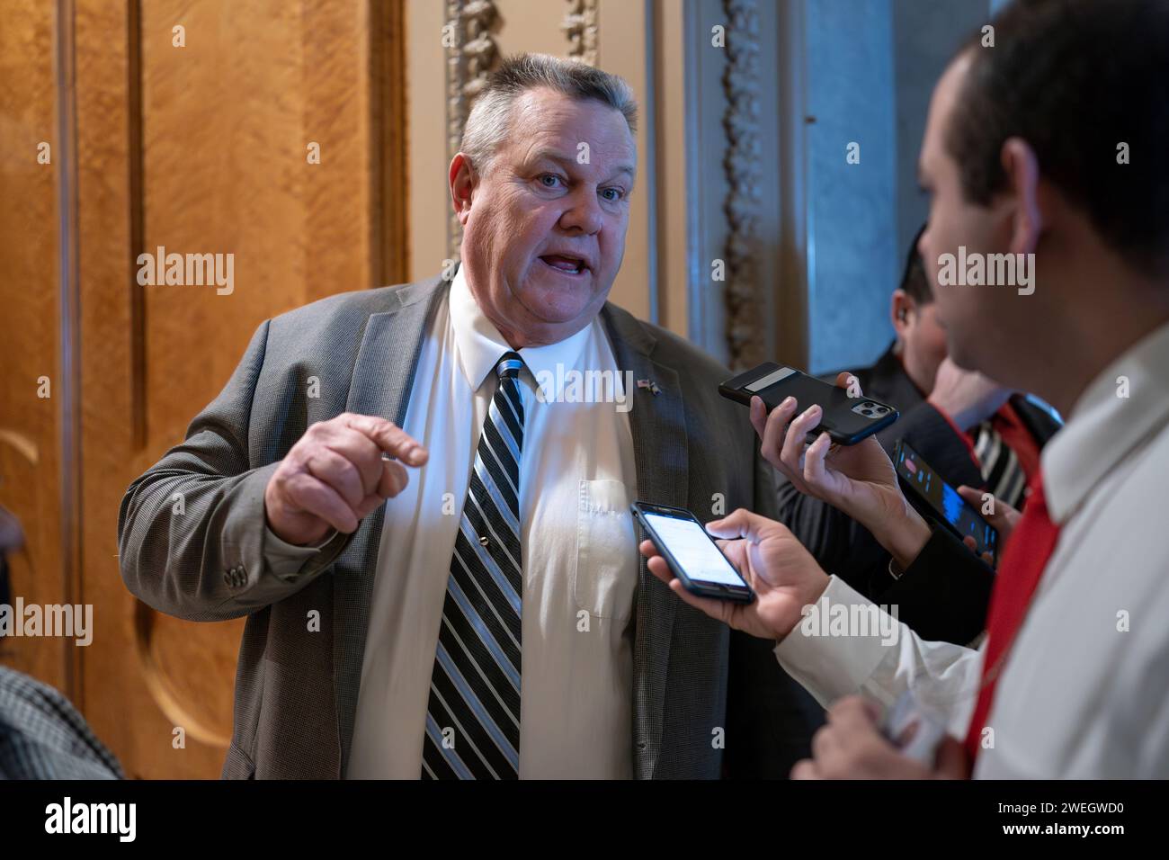 Sen. Jon Tester, D-Mont., speaks with reporters about the border ...
