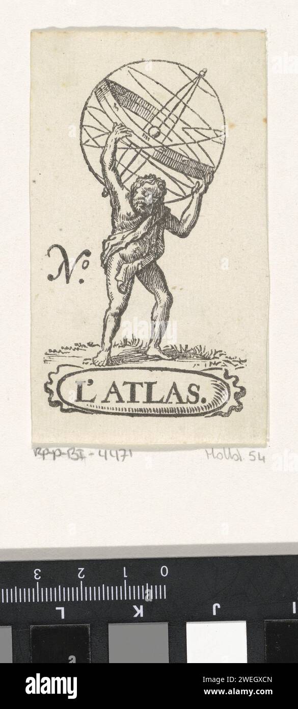Trade label with Atlas that wears the world on its shoulders, Isaac ...