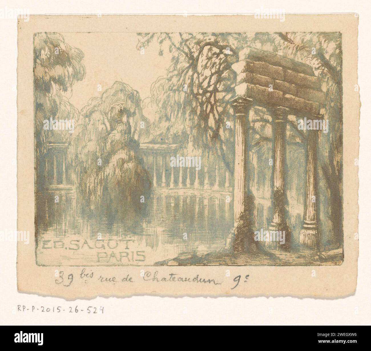 Business card from printser Edmond Sagot in Paris, c. 1890 - 1917 print Pond with trees and an ...