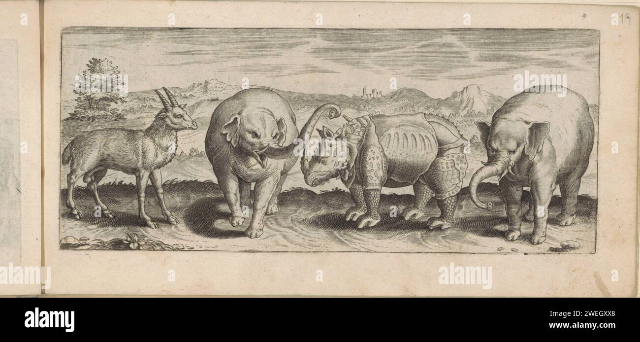 Gazelle, elephants and rhino in a landscape, 1583 print A gazelle ...