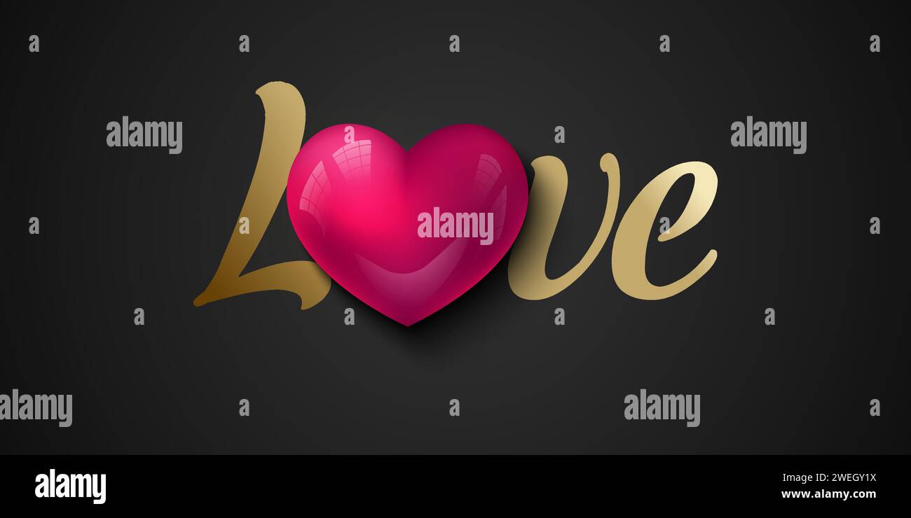 Glossy pink 3d heart with gold Love lettering. Greeting Card heart ...