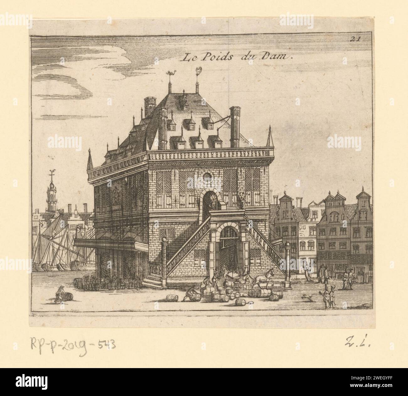 View of the Waag on Dam Square, Anonymous, c. 1650 - c. 1700 print Numbered at the top right: 21 ...