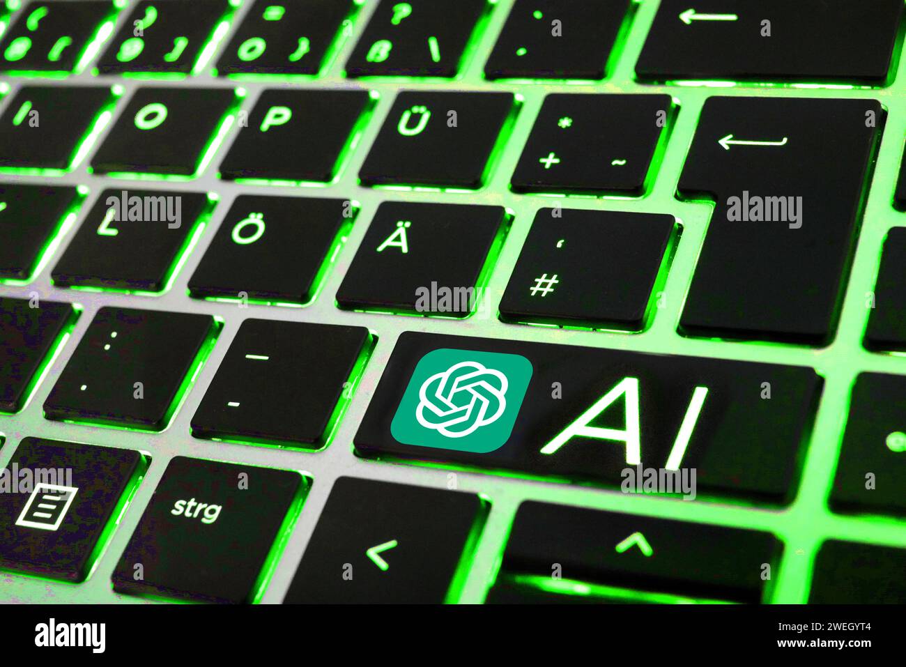 PHOTO MONTAGE! - Artificial Intelligence. Close-up of a laptop keyboard ...