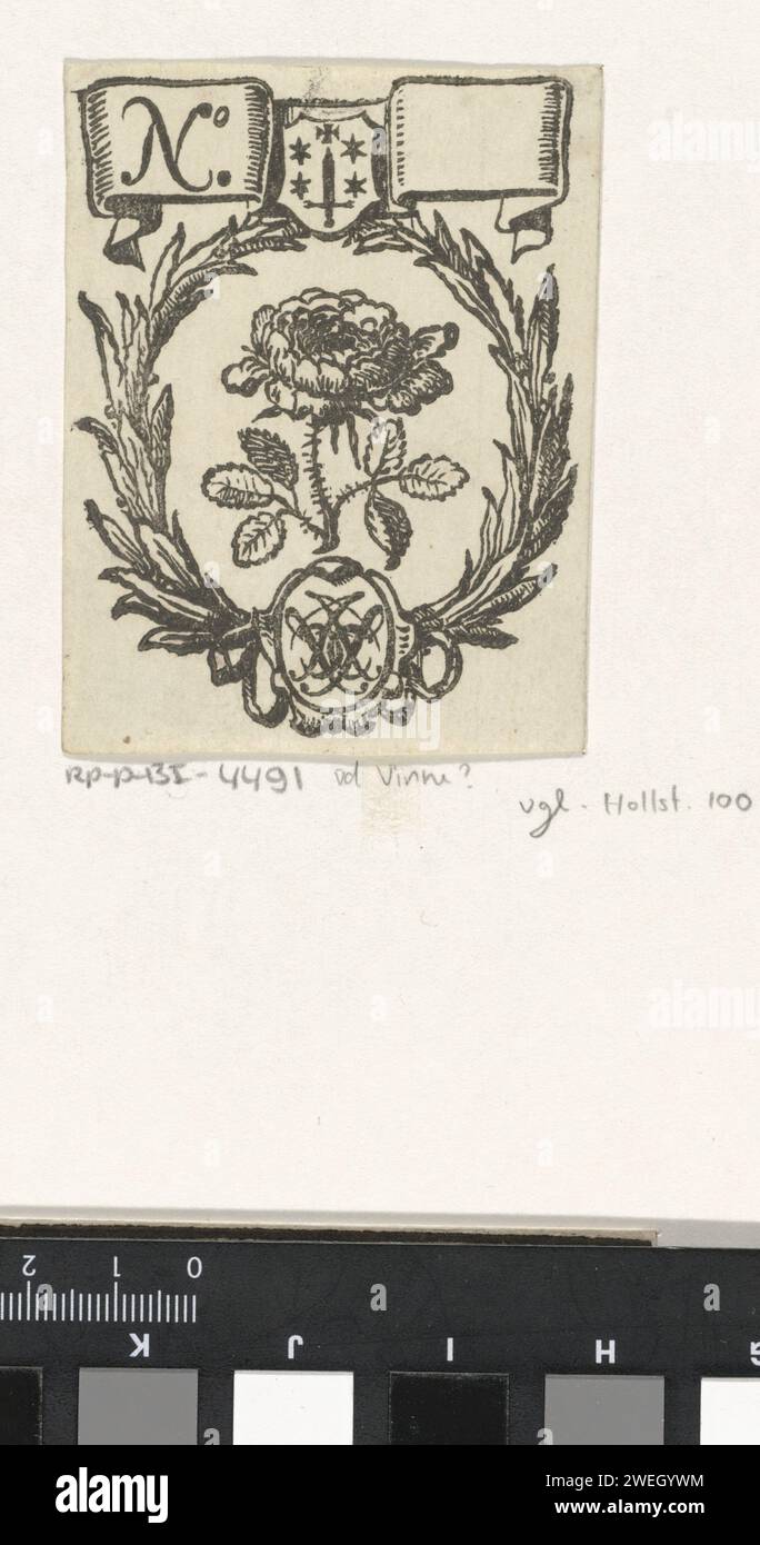 Trade label with a rose, the coat of arms of the city of Haarlem and a ...