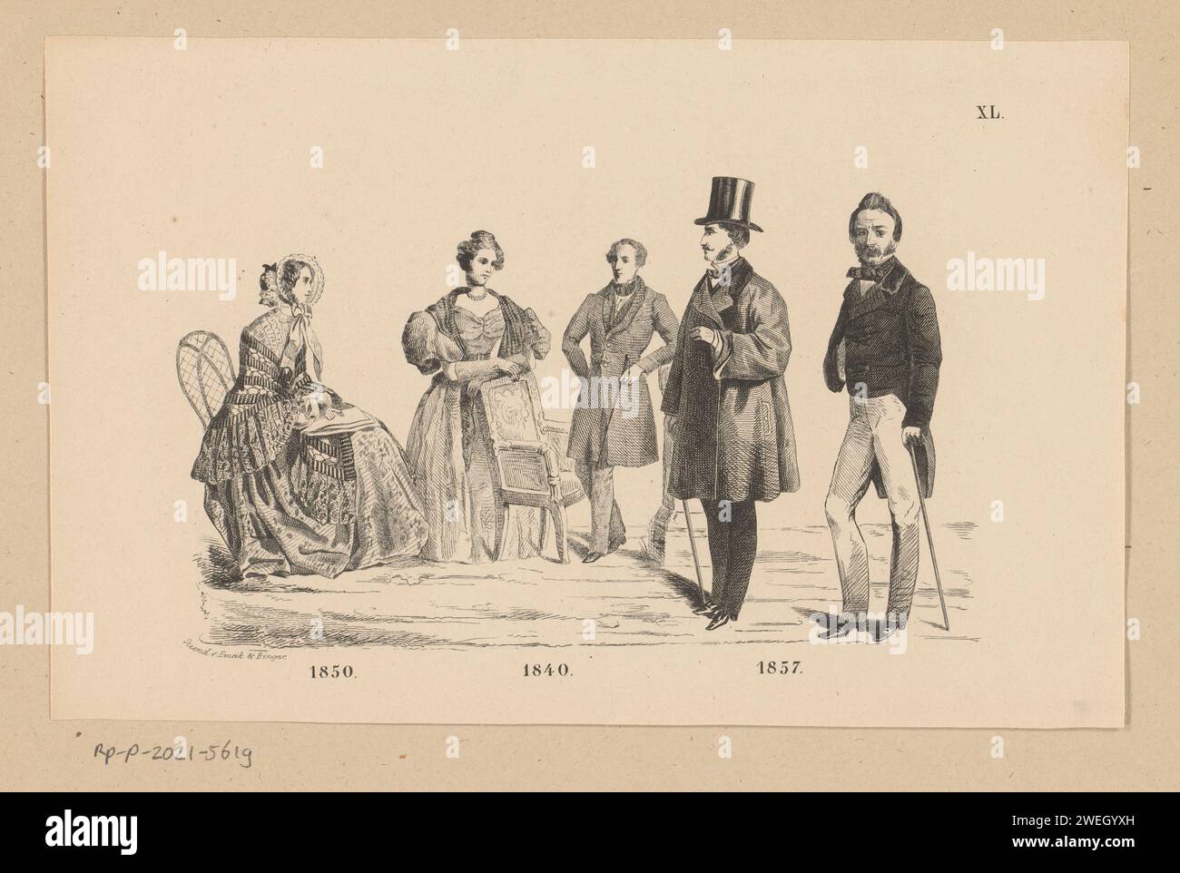 Two women and three men in clothing from 1850, 1840 and 1857, Anonymous ...