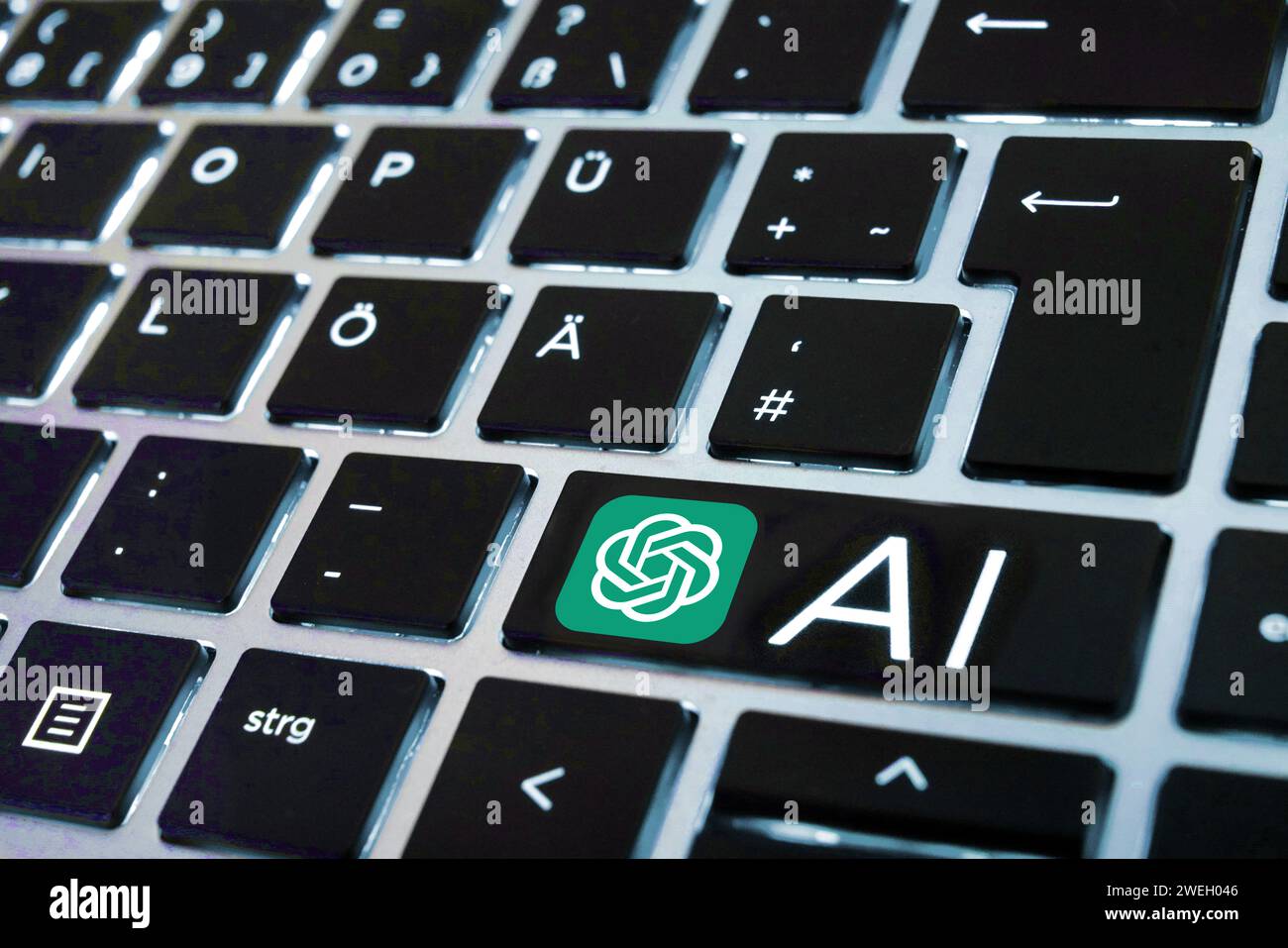 PHOTO MONTAGE! - Artificial Intelligence. Close-up of a laptop keyboard ...