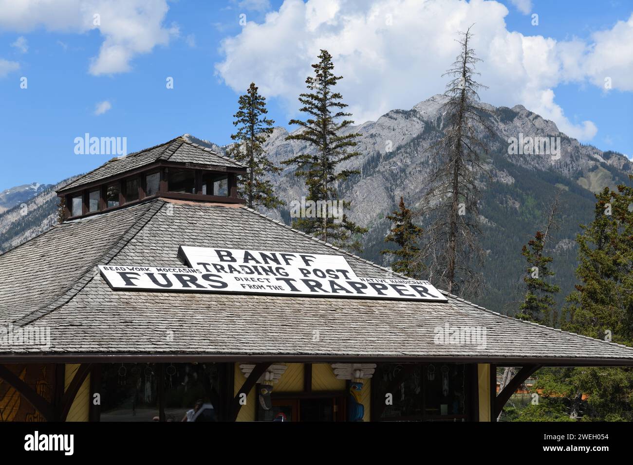 Sign on roof of the Banff Trading Post offering handicrafts from first ...