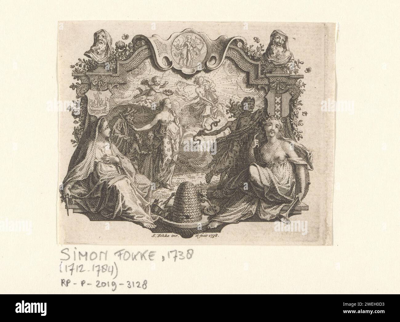 Vignette with mythological figures in a cartouche with the weapon of ...