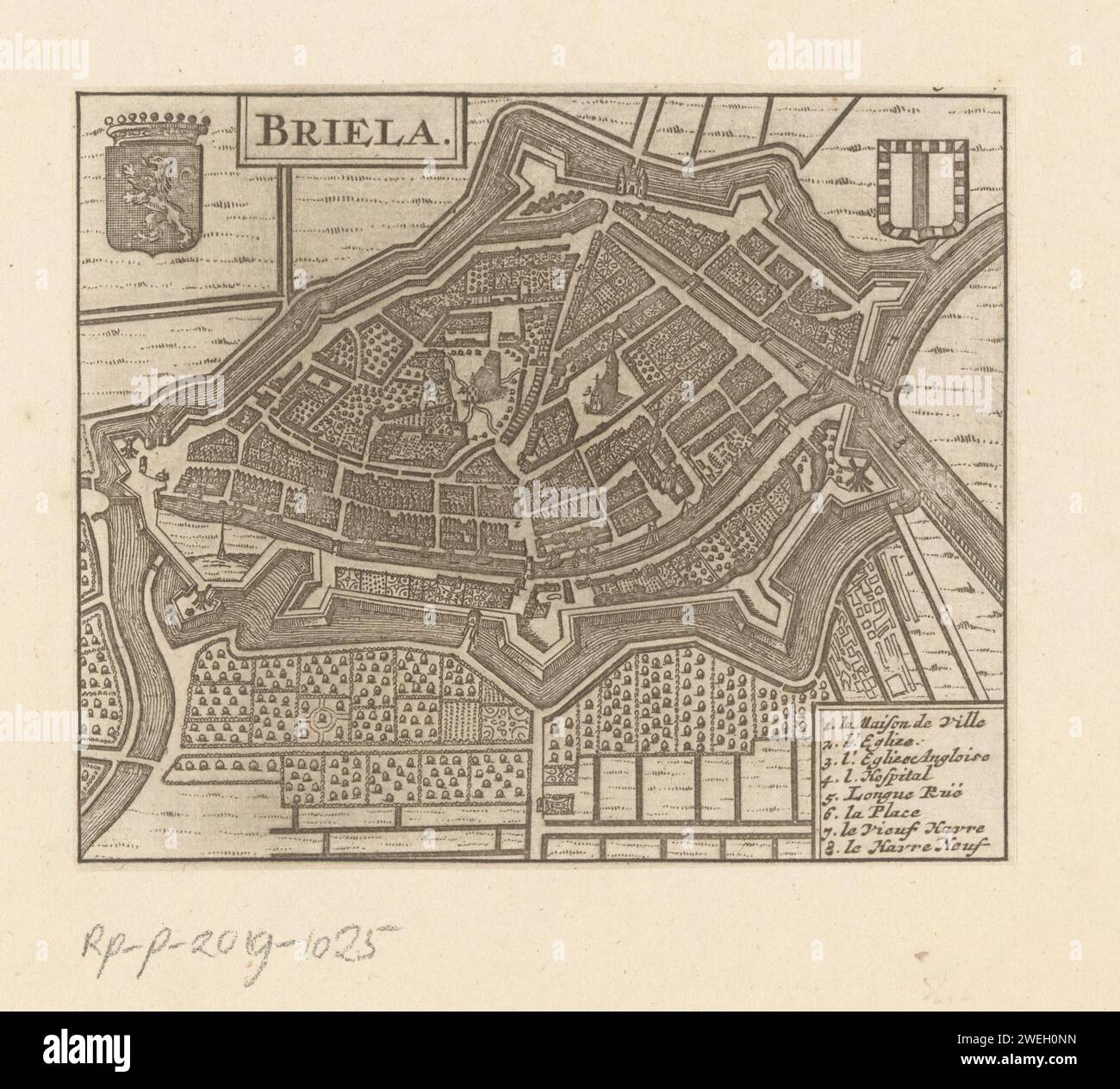 Map of Brielle, Anonymous, 1685 print At the top right of the city coat ...