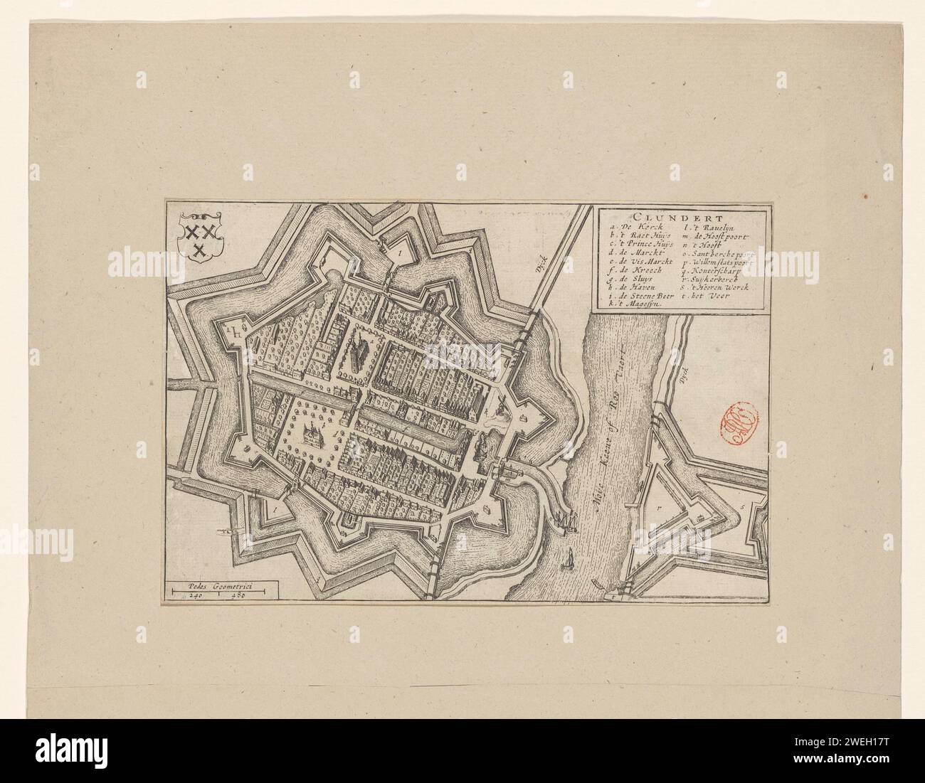 Map of Klundert, Anonymous, 1649 - 1652 print Map in a nutshell perspective. At the top left the ...