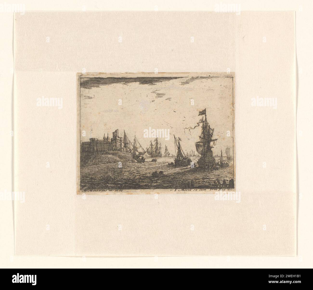 Seaport with ships, Matthieu van Plattenberg, 1625 - 1650 print paper etching fortress. harbour ...