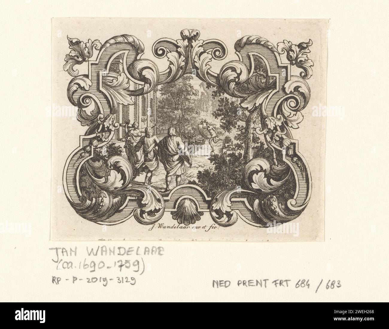 Vignette with two men with a caduceus in a cartouche, Jan Wandelaar ...