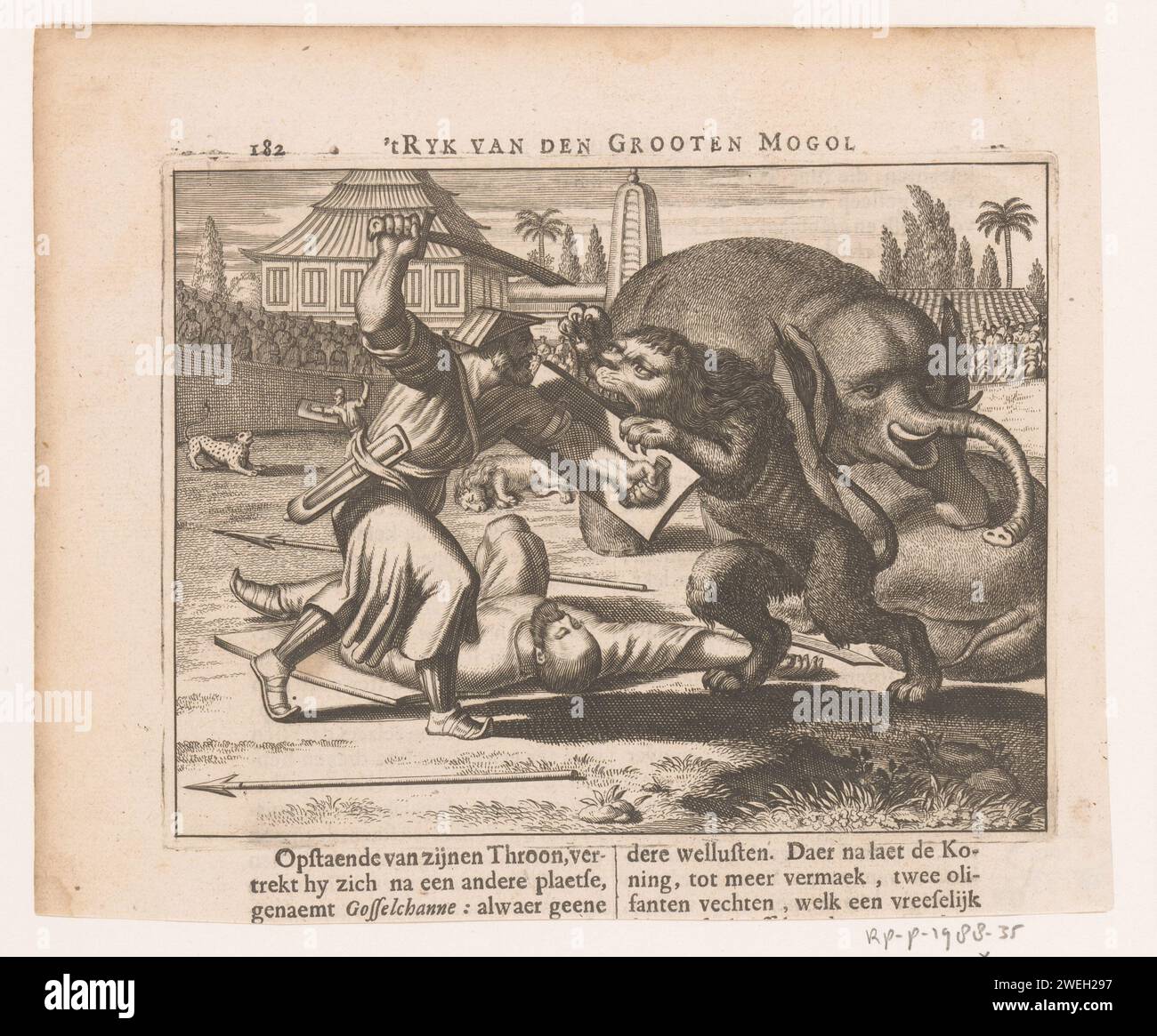 Gladiator fight with lion and elephant, anonymous, 1672 print A warrior ...
