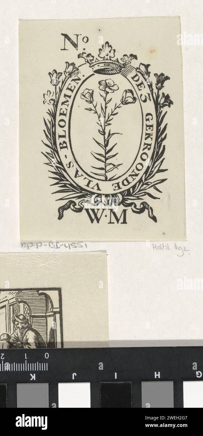 Trade label with three flax flowers, a crown and the monogram WM, Isaac ...