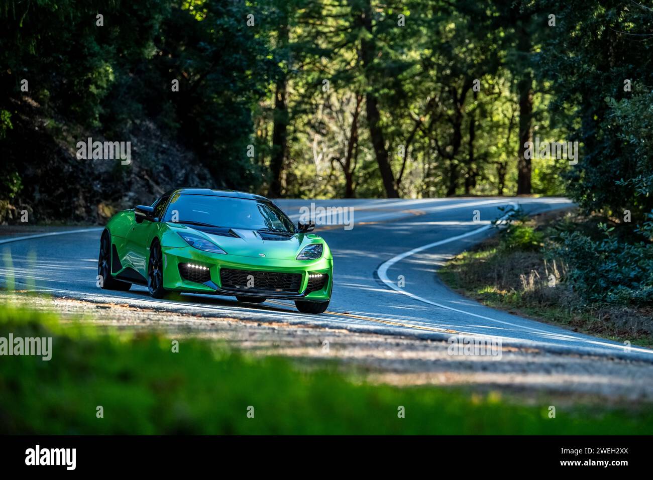 A Green Lotus sports car driving through some turns in the woods Stock ...
