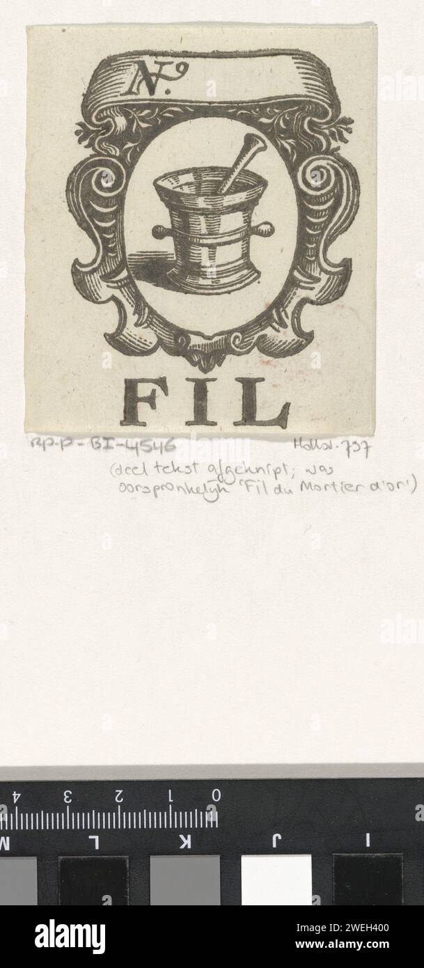 Trade label with a mortar and a pestle, Isaac Vincentz. van der Vinne ...