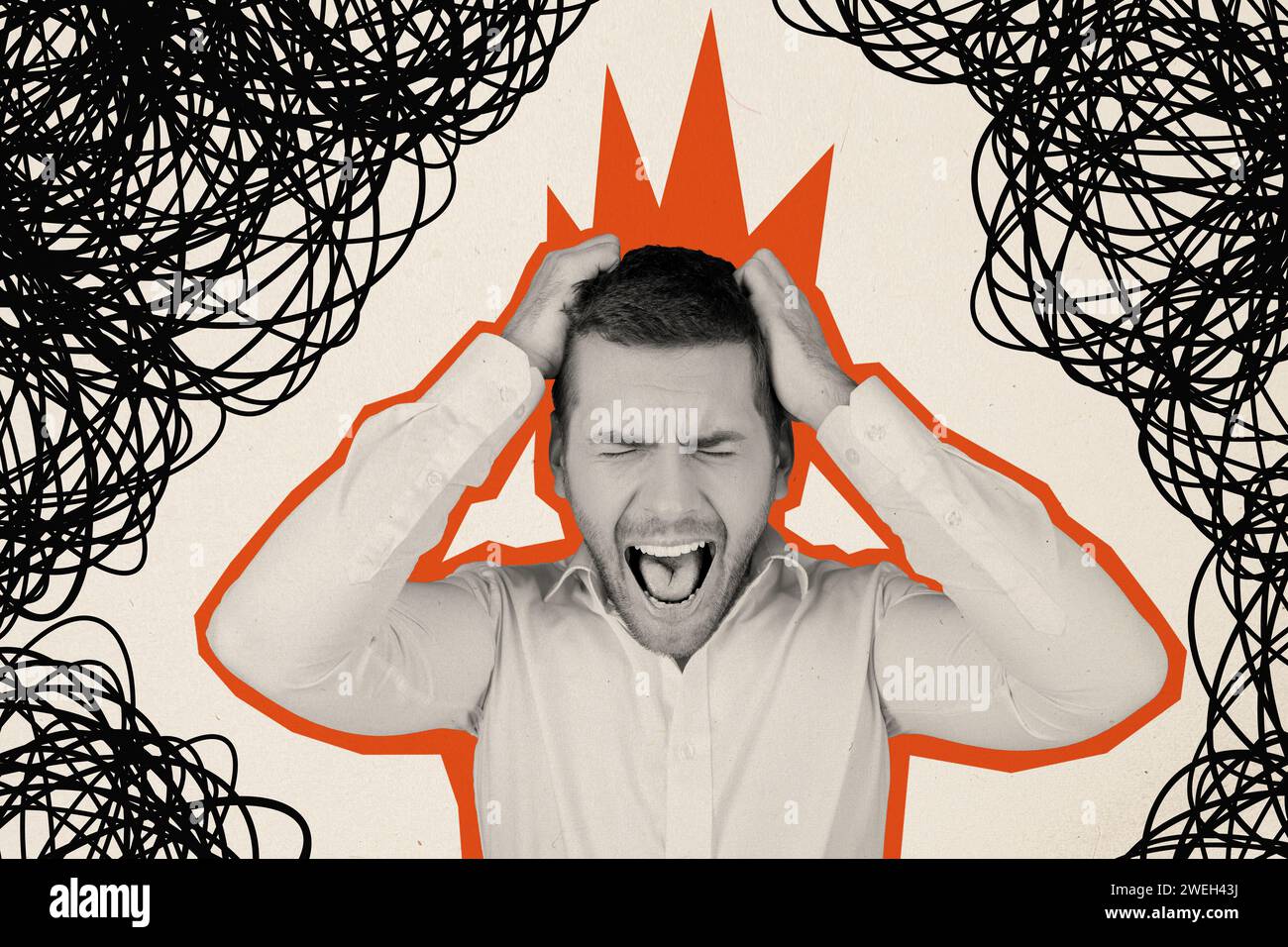 Collage image of unsatisfied outraged black white effect guy hands pull ...